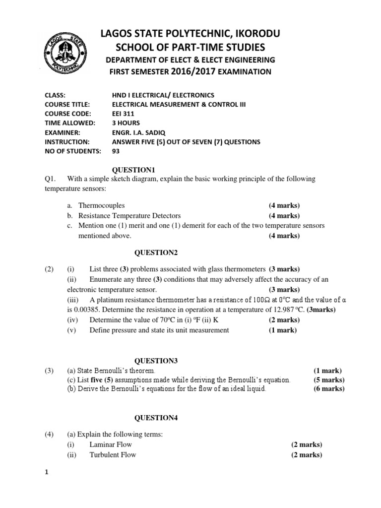 HND 1 Electrical Measurement and Control EEI 311 2016 | PDF ...