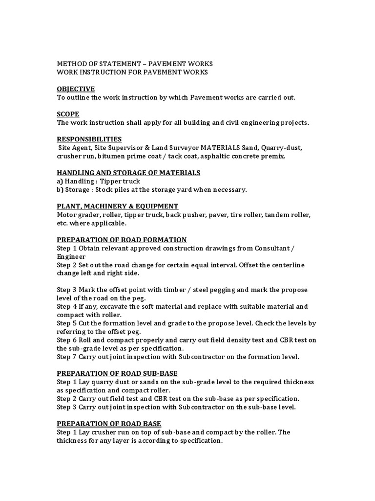 Method of Statement - Pavement Works | PDF | Road Surface | Asphalt