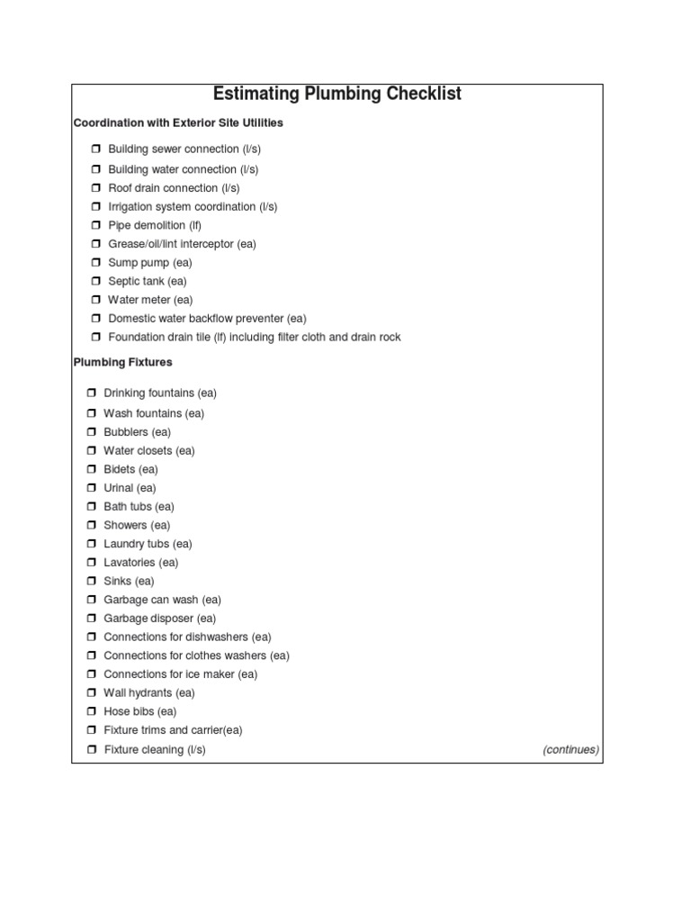 Estimating Plumbing Checklist | PDF | Plumbing | Hydraulics
