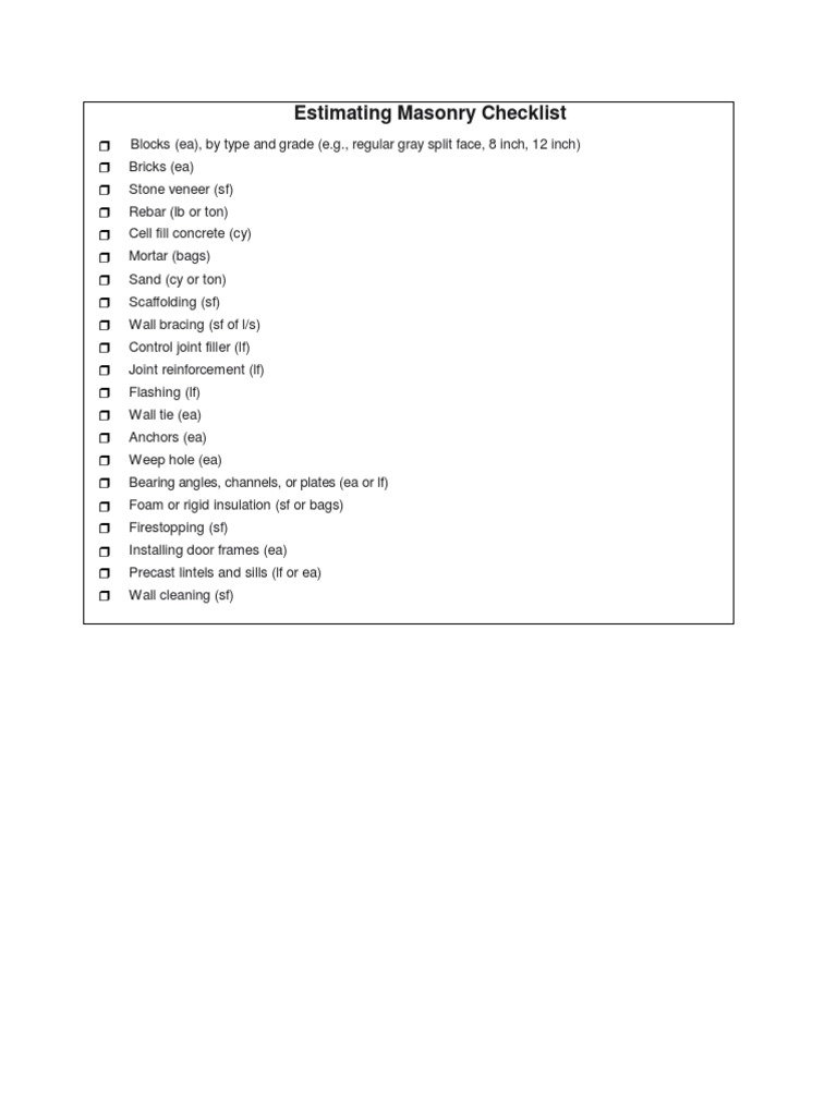 Estimating Masonry Checklist | PDF