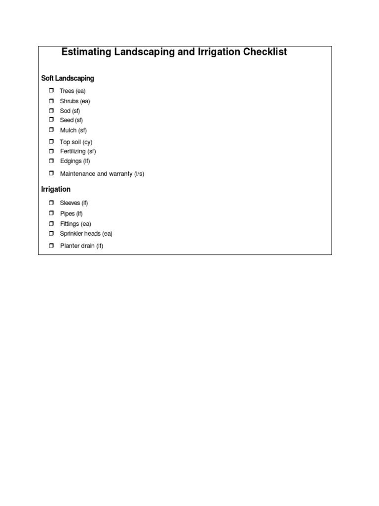 Estimating Landscaping and Irrigation Checklist | PDF | Sports ...