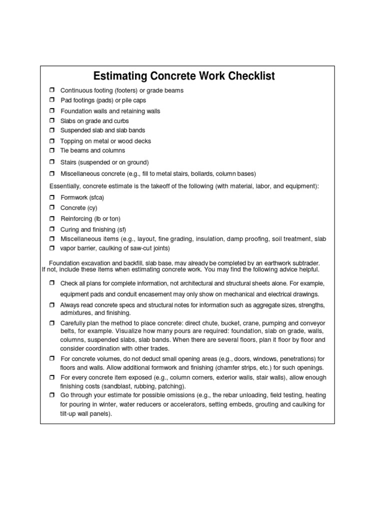 Estimating Concrete Work Checklist