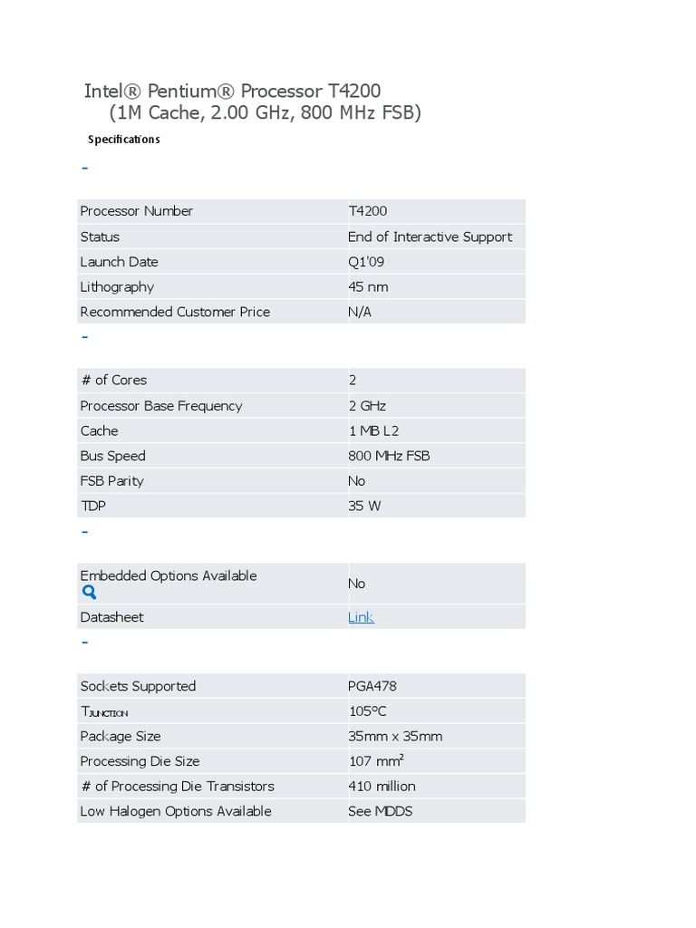 Intel® Pentium® Processor T4200 (1M Cache, 2.00 GHZ, 800 MHZ FSB) | PDF