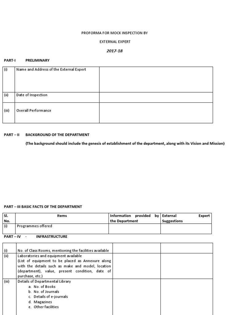 Proforma For Mock Inspection by External Expert: Part-I Preliminary ...