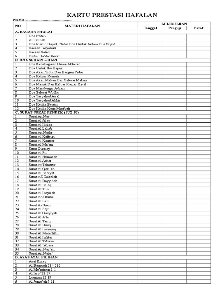 Kartu Hafalan | PDF