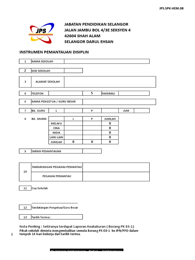 JPS - spk-HEM.08 Borang Instrumen Pemantauan Disiplin | PDF