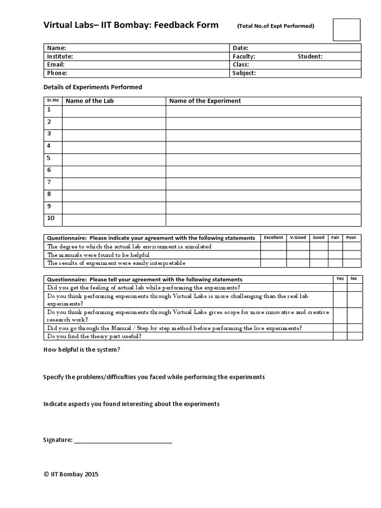 Virtual Labs - IIT Bombay: Feedback Form: Details of Experiments ...