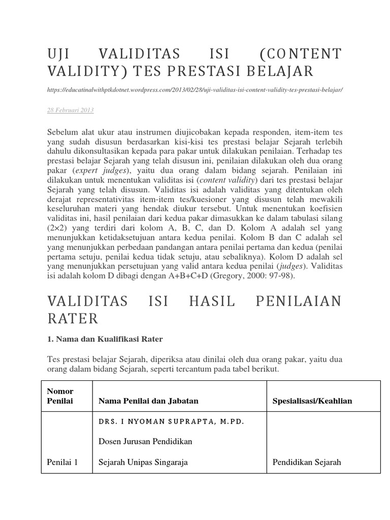 Uji Validitas Isi (Content Validity) Tes Prestasi Belajar | PDF