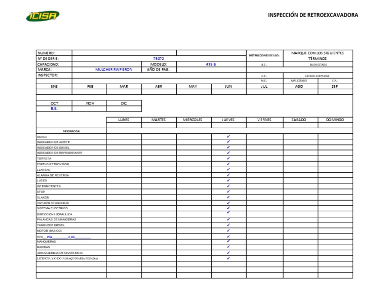 Inspección Retroexcavadora RWF Bron | PDF