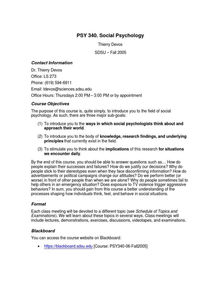 PSY 340. Social Psychology: Contact Information | PDF | Social ...