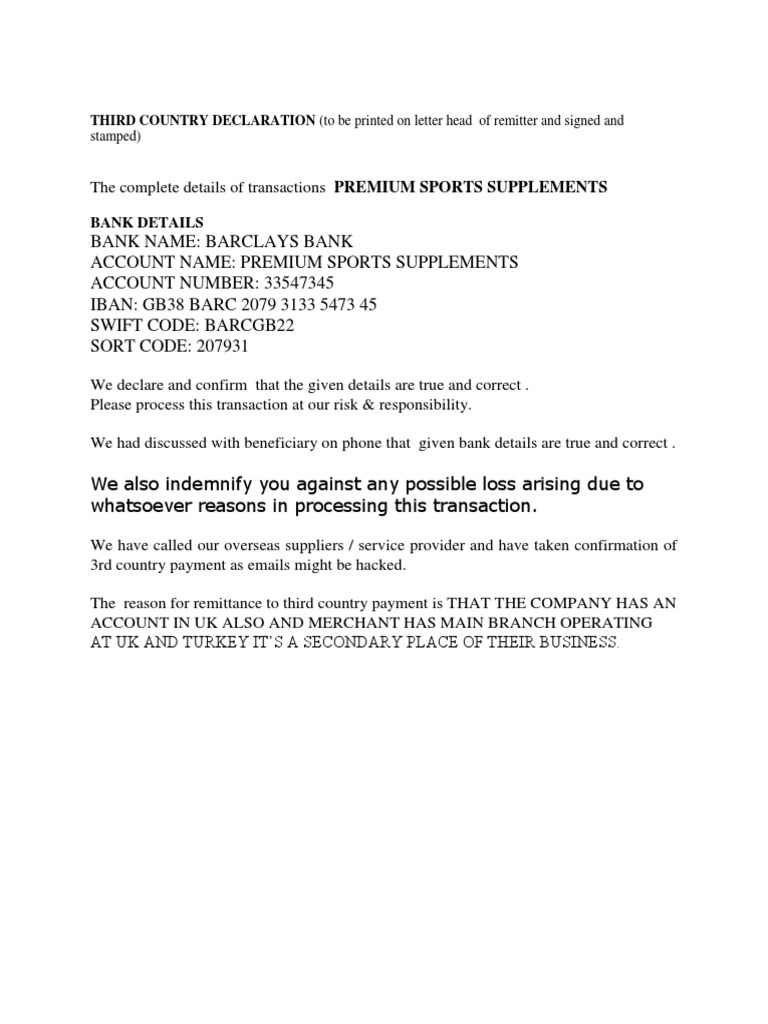 Third Country Payment Declaration Letter | PDF
