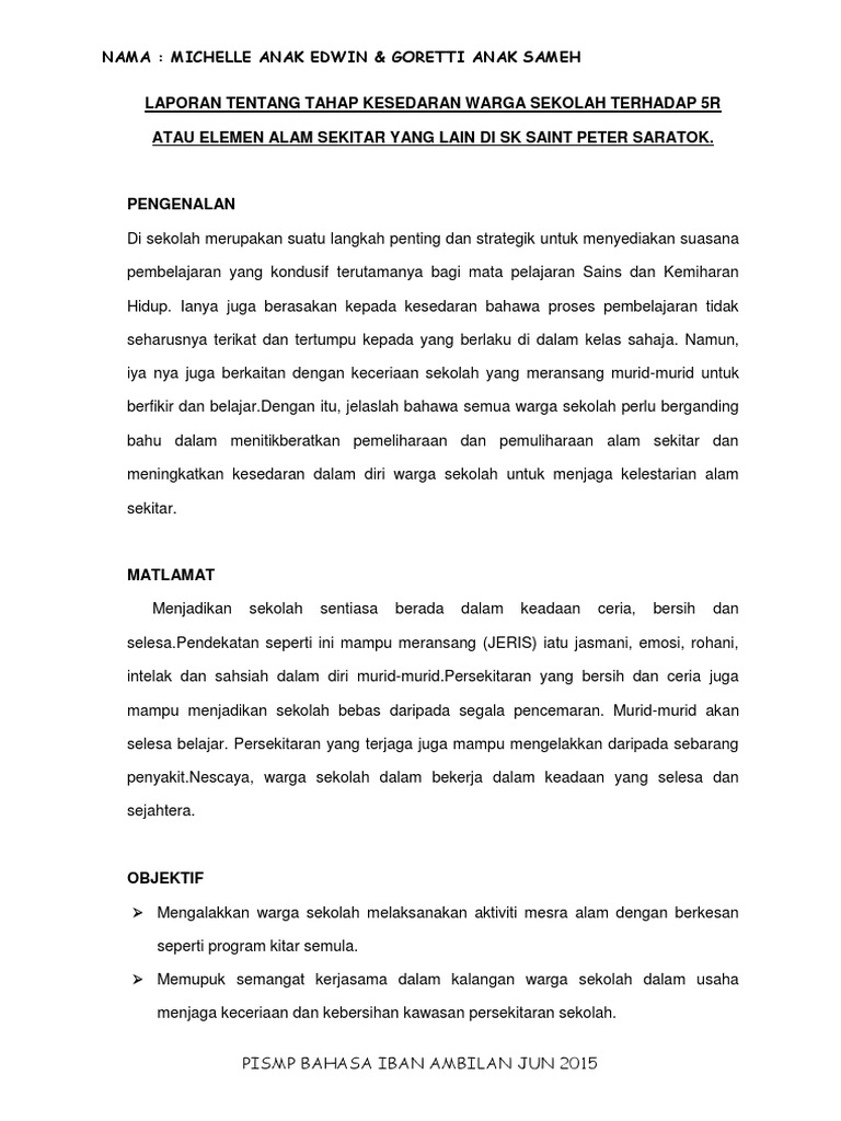 Laporan Tentang Tahap Kesedaran Warga Sekolah Terhadap 5R Atau Elemen ...