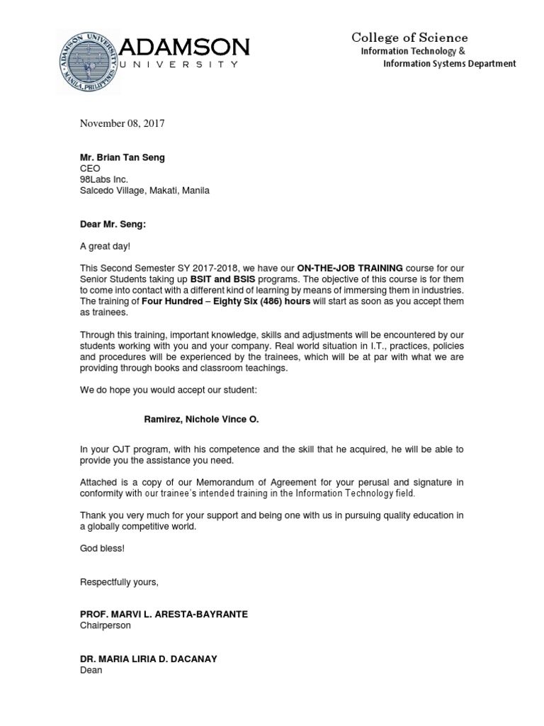 OJT Acceptance Request for Student | PDF