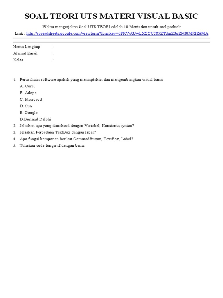 Soal Teori Uts Materi Visual Basic | PDF
