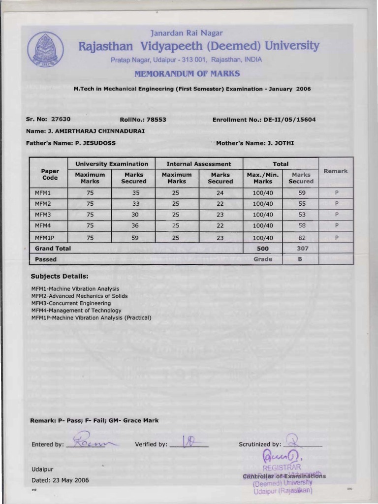 m Tech Marksheet | Continuum Mechanics | Science And Technology