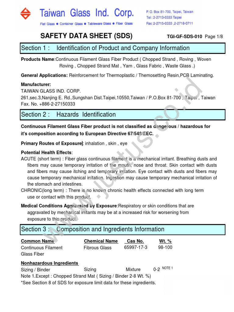Continuous Filament Glass Fiber SDS | PDF | Fiberglass | Dangerous Goods