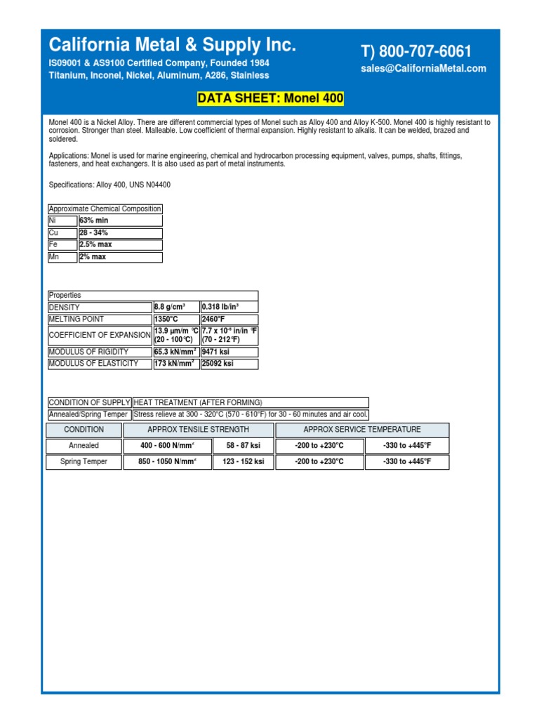 Monel 400 Data Sheet | PDF