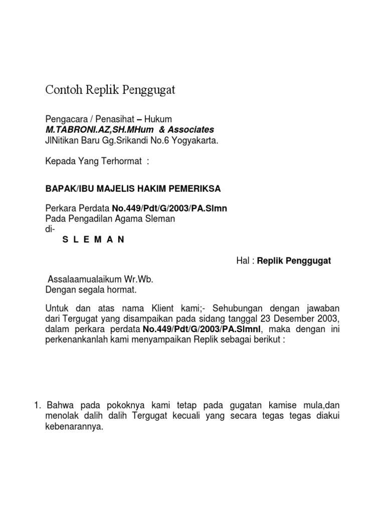 Contoh Replik Penggugat | PDF