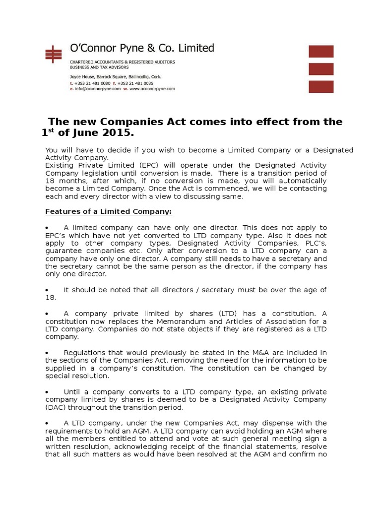 The New Companies Act Comes Into Effect From The 1 Of June 2015 Pdf