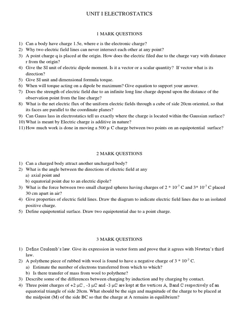 UNIT I Electrostatics KV 2 VASCO-1 | PDF | Electric Charge | Electric Field