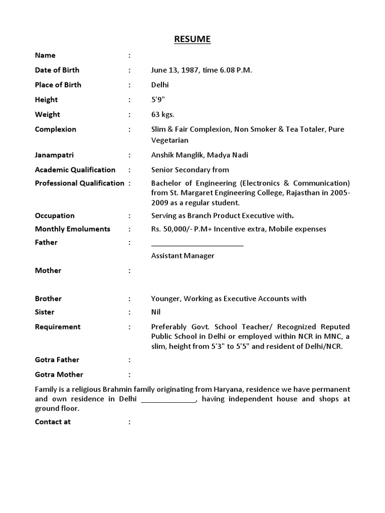 Resume: Name Date of Birth Place of Birth Height Weight Complexion ...