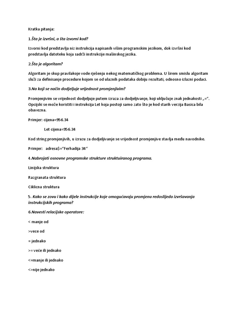 Inženjersko Programiranje Kratka Pitanja 1 | PDF