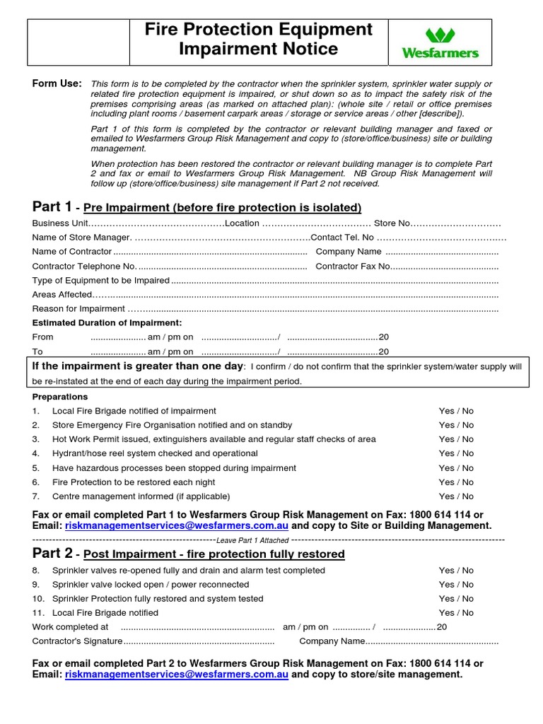 Fire Protection Equipment Impairment Notice | Fire Sprinkler System ...
