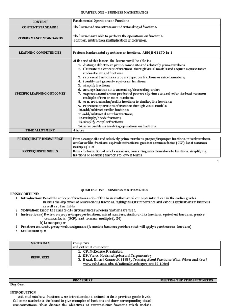01 Teaching Guide - Business Math - Fractions (ABM - BM11FO-Ia-1) - TE ...
