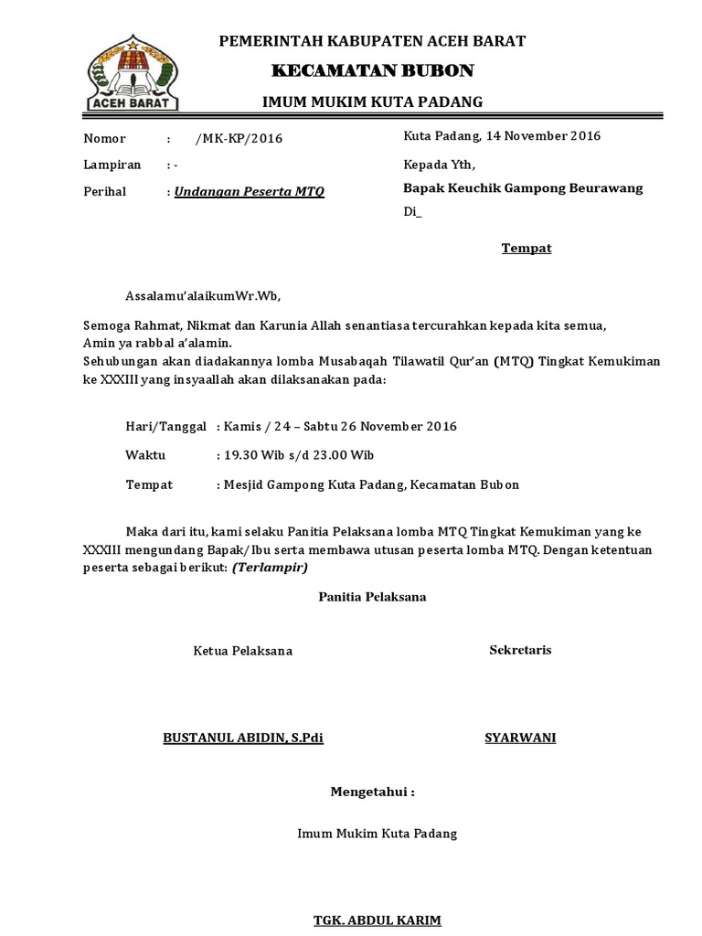 Undangan Peserta MTQ Mukim | PDF