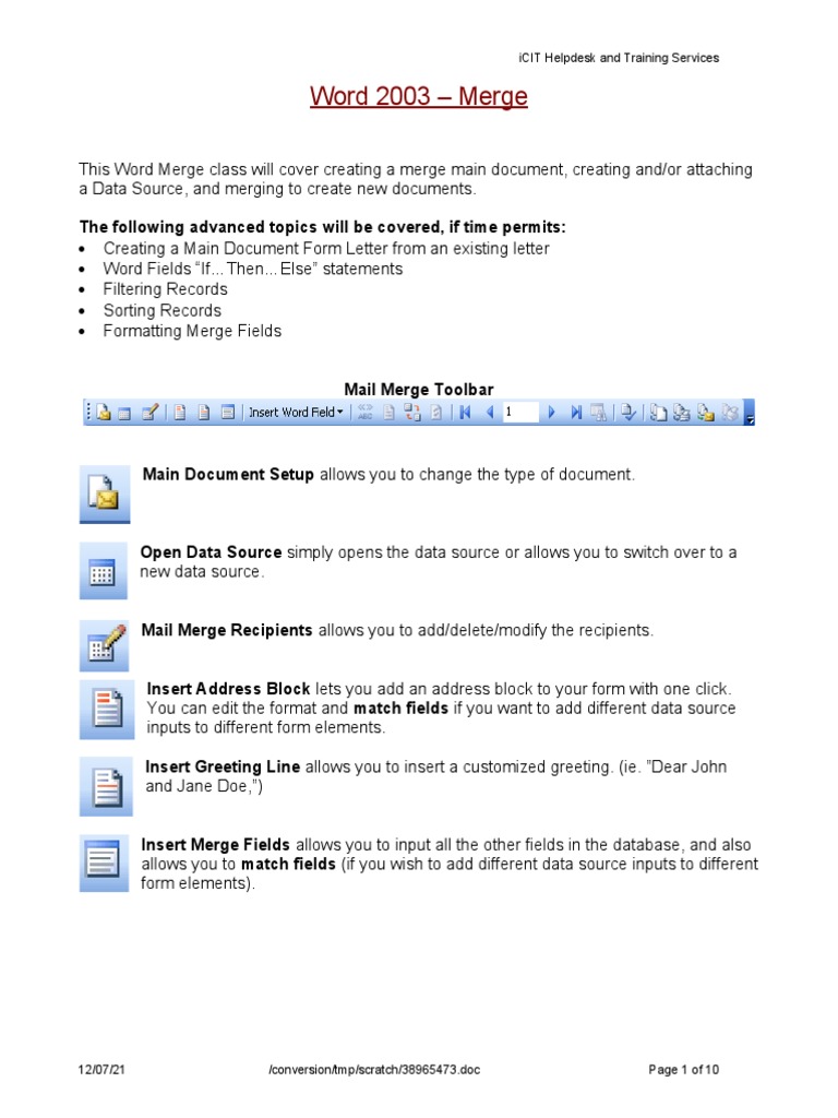 Word 2003 - Merge: iCIT Helpdesk and Training Services | PDF | Mail ...