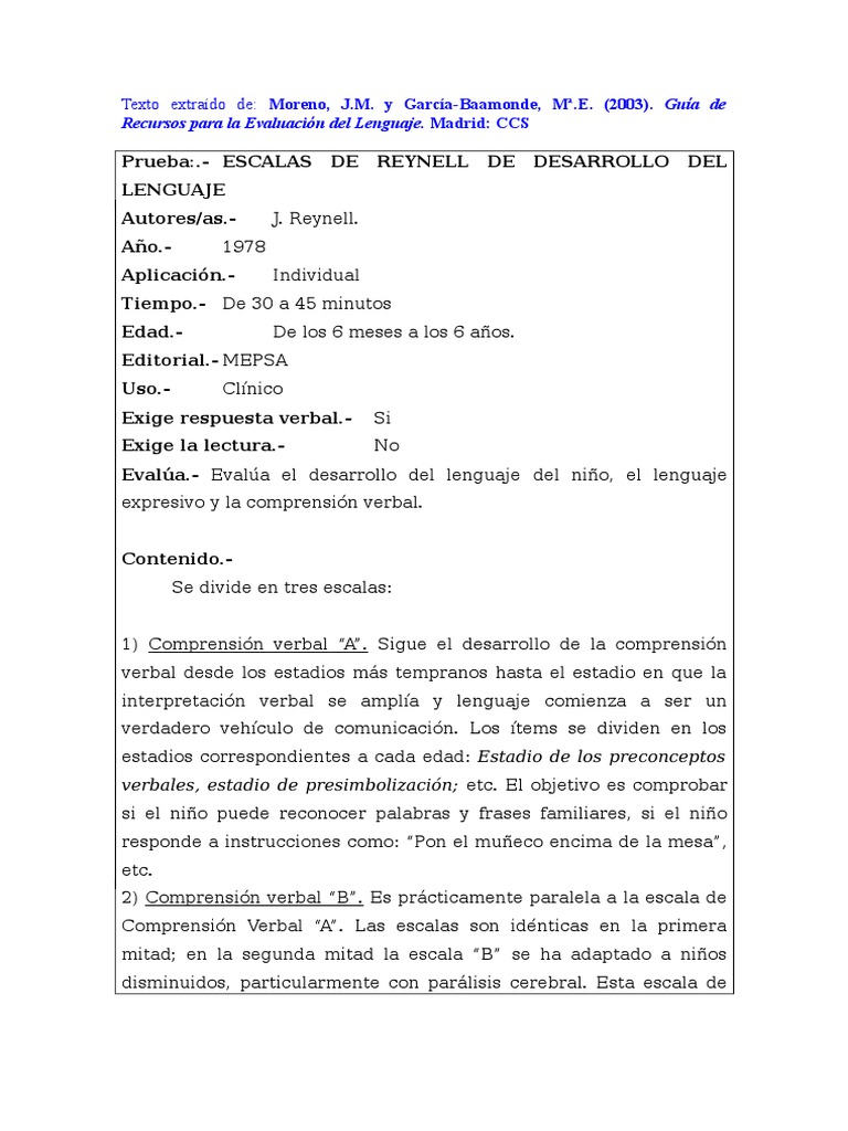 Escalas de Reynell para Desarrollo del Lenguaje | PDF