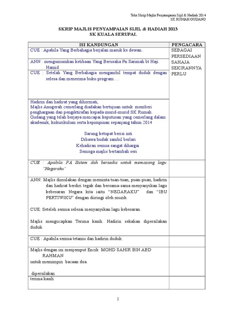 Skrip Majlis Penyampaian Sijil New | PDF