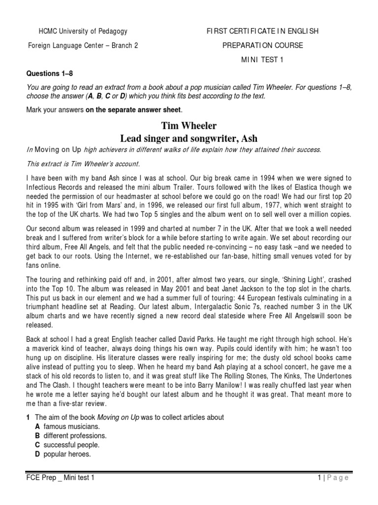 FCE Mini Test PDF | PDF