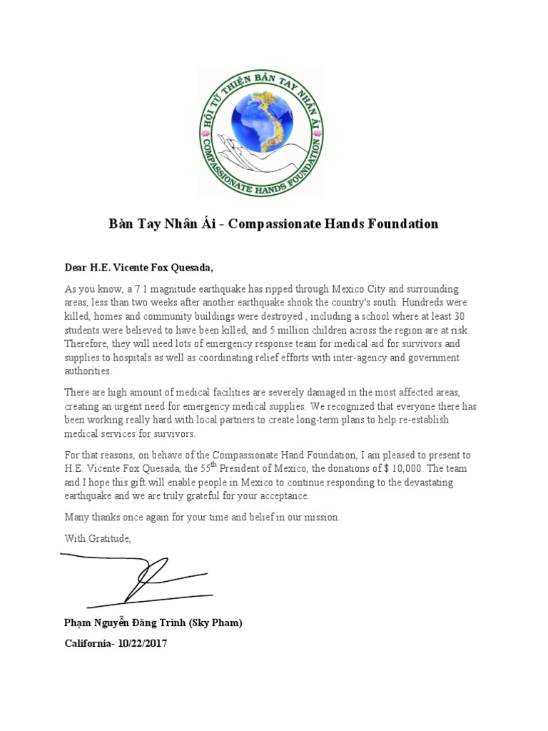 Letter To Support Earthquake Victims of Mexico | PDF | Social Science