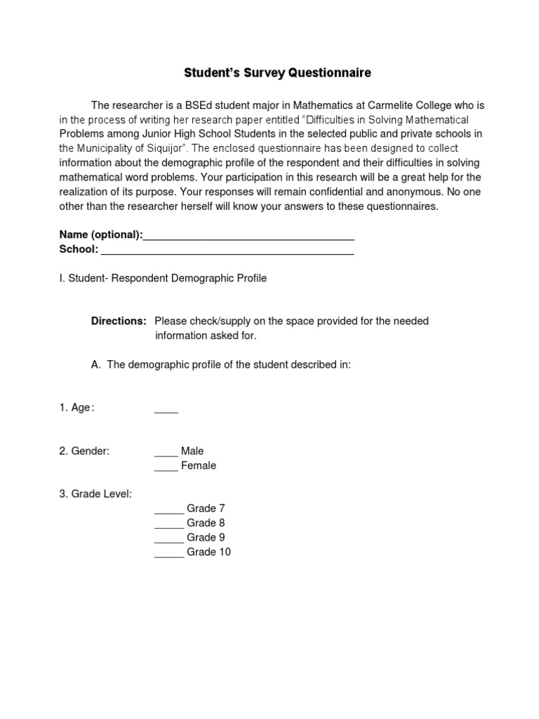 Survey Questionnaire in Solving Mathematical Problems | PDF ...