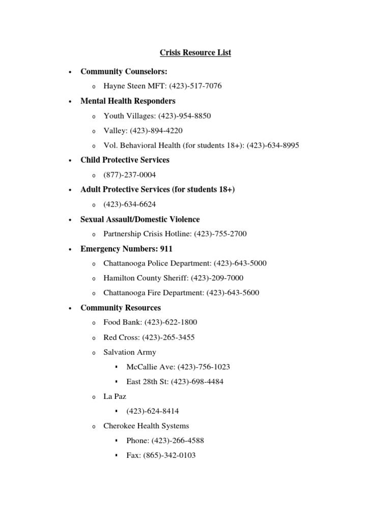 Crisis Resource List | PDF | Sports & Recreation