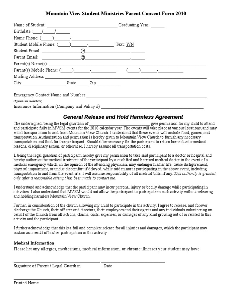 Mountain View Student Ministries Consent Form | PDF | Physician ...