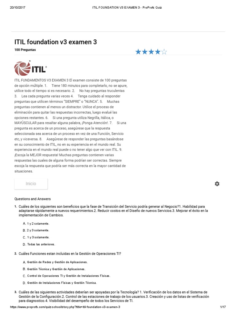 Itil Foundation v3 Examen 3 - Proprofs Quiz | PDF | Itil | Acuerdo de nivel de servicio