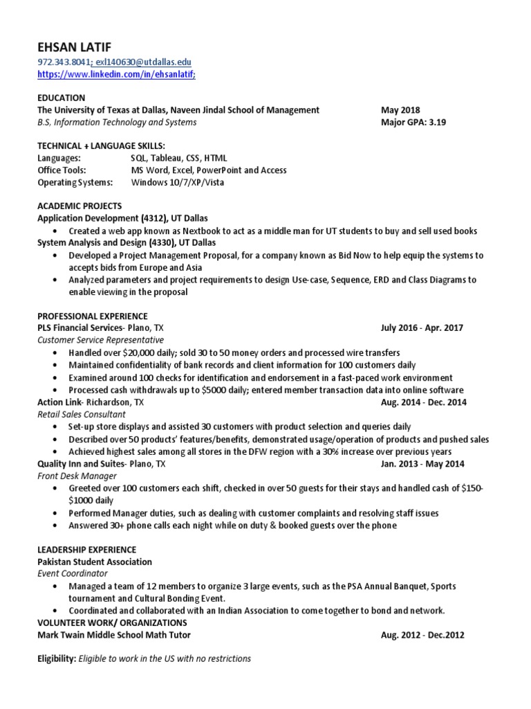 Ehsan April 2017 Resume Revised | PDF | University Of Texas At Dallas ...