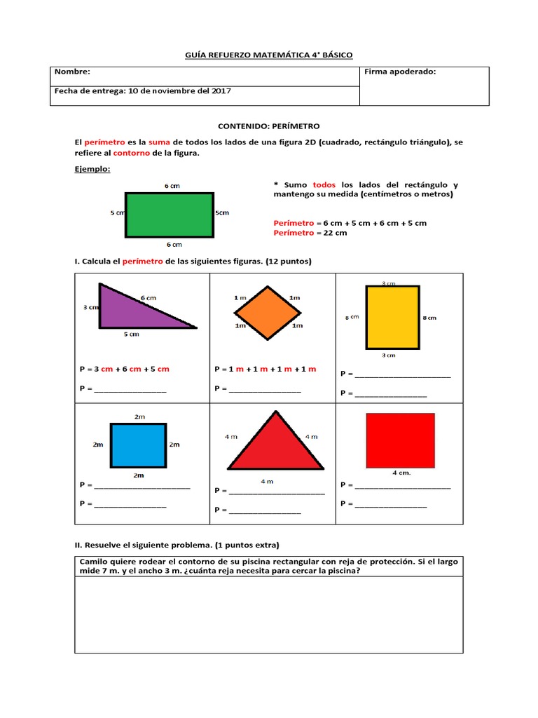 Guía Refuerzo Matemática 4 Area y Perimetro | Rectángulo | Matemática ...