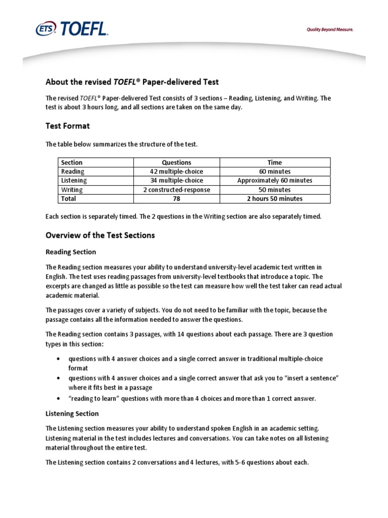 About The Revised TOEFL® Paper Delivered Test: Section Questions Time ...