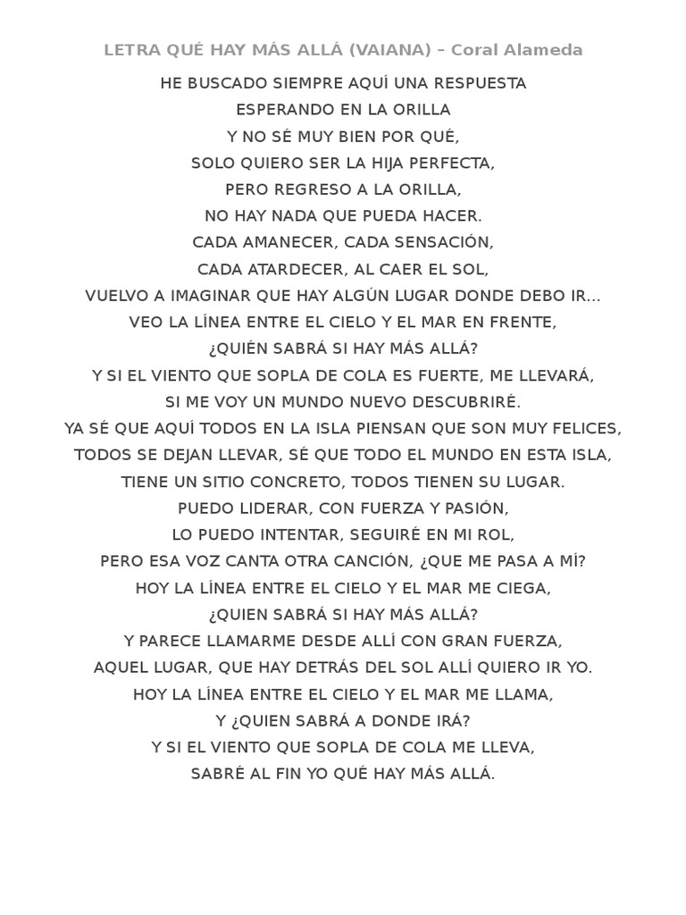 Letra Vaiana Qué Hay Más Allá
