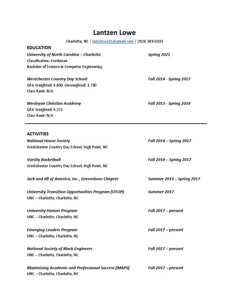 Resume (College) 1 | PDF | University Of North Carolina At Chapel Hill ...