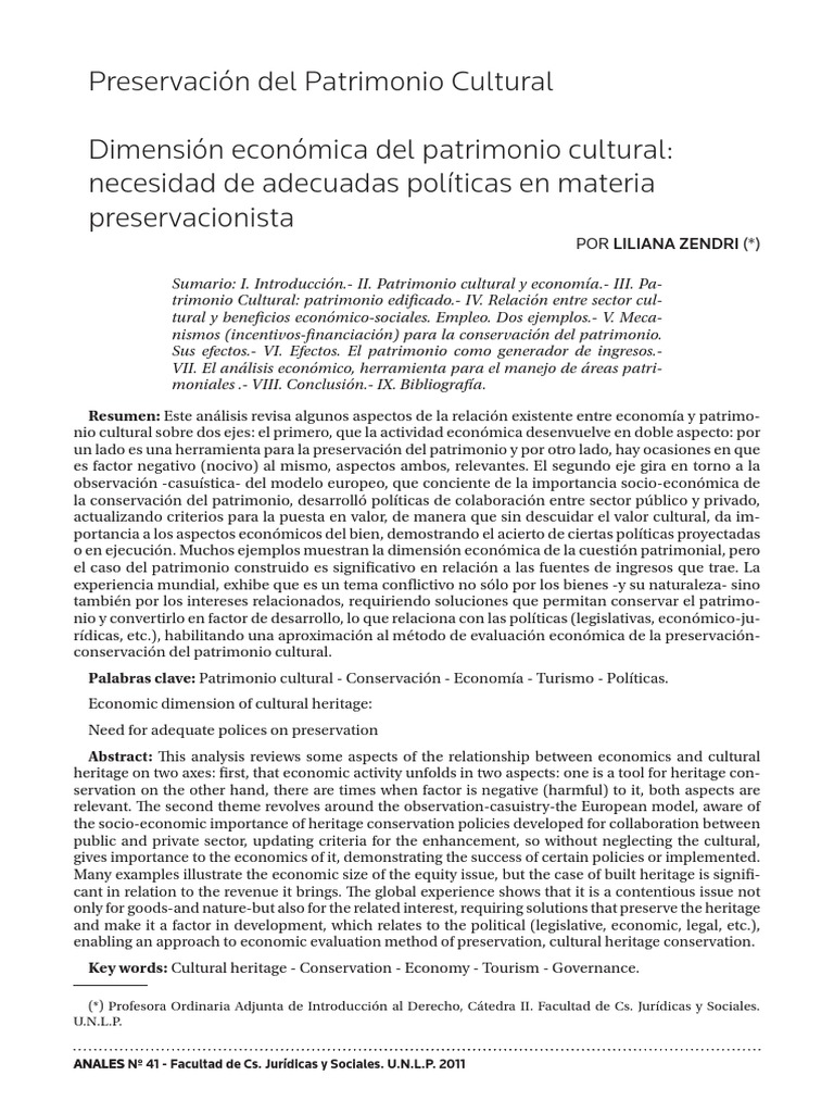 Zendri Liliana. Dimensión Económica Del Patrimonio Cultural | PDF | Bienes (Ley) | Turismo
