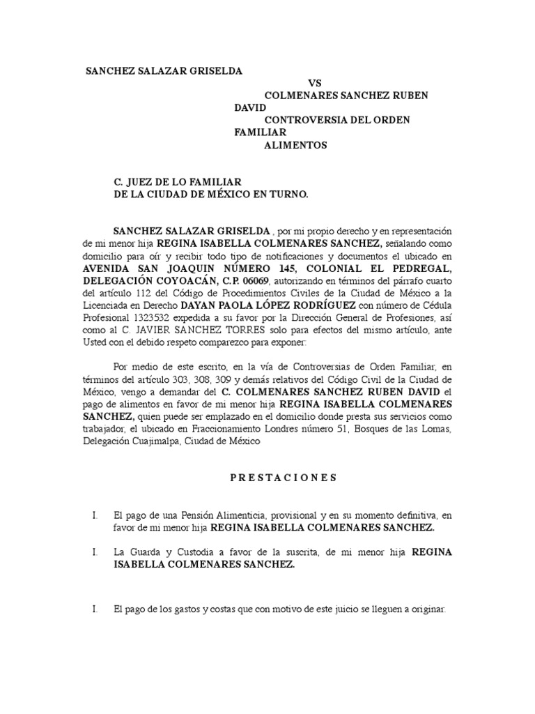 Demanda de Alimentos Formato | Manutención de los hijos | Evidencia (ley)
