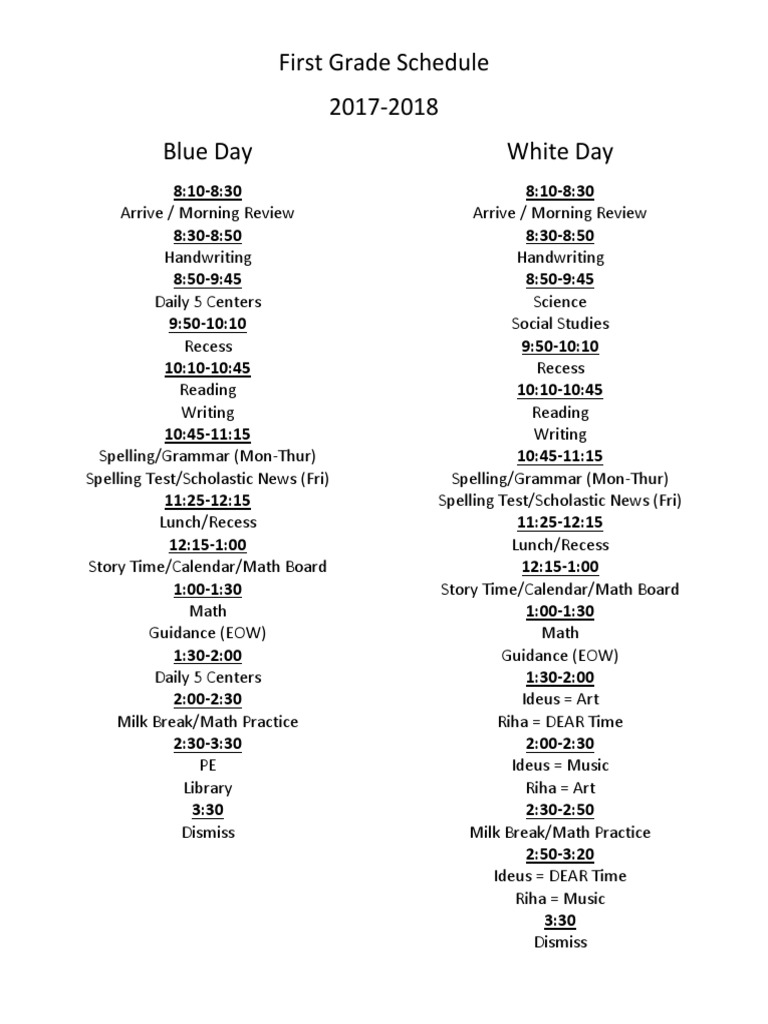 First Grade Schedule 17-18 | PDF