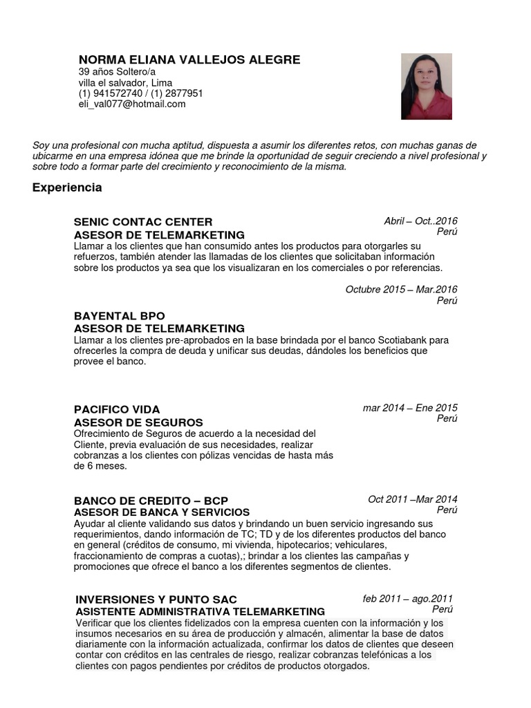 CV Norma Vallejos | PDF | Perú | Seguro