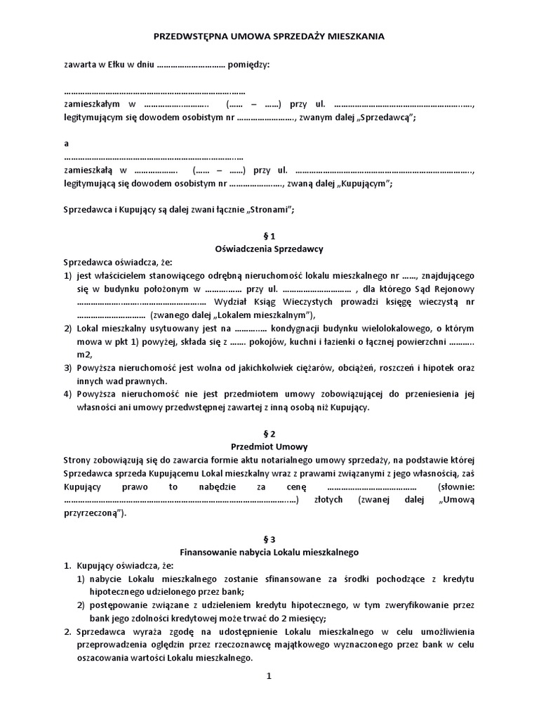 Przedwstepna Umowa Sprzedazy Mieszkania Finansowana Kredytem Hipotecznym-1 | PDF