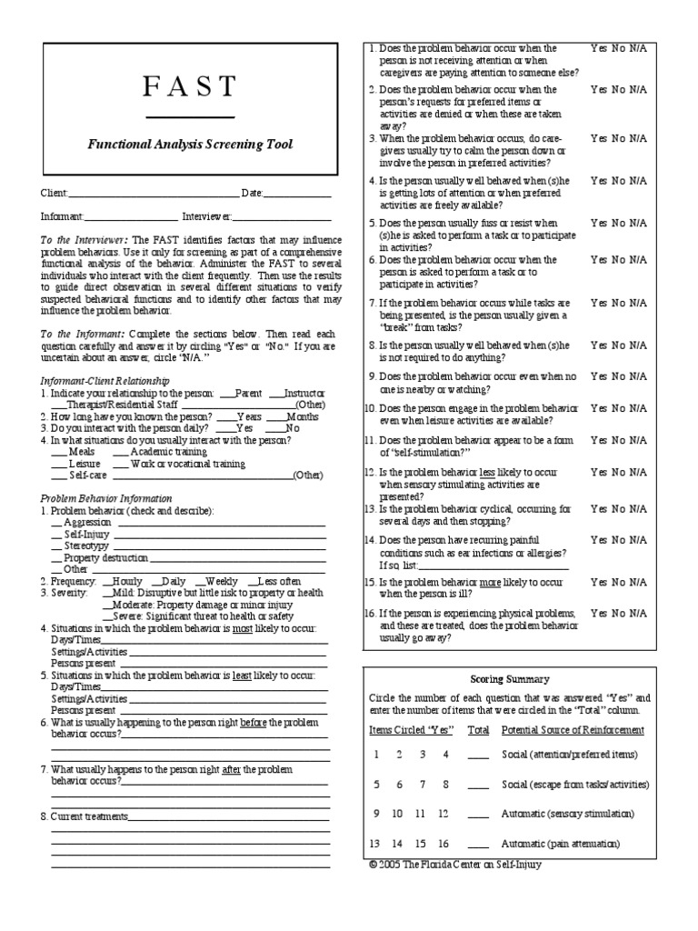 Functional Analysis Screening Tool: To The Interviewer: The FAST ...