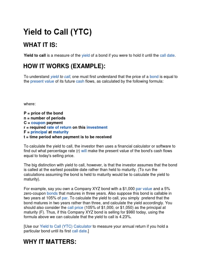 Yield To Call | PDF | Bonds (Finance) | Yield (Finance)